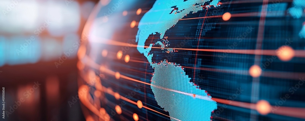 Digital earth with network lines in a conference setting, portraying ...