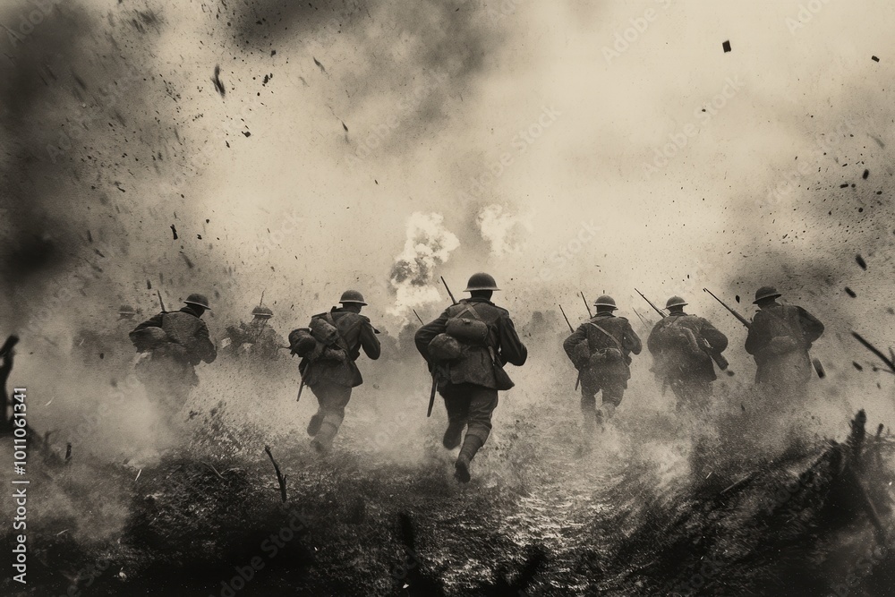 A black-and-white photograph of World War I soldiers charging into ...