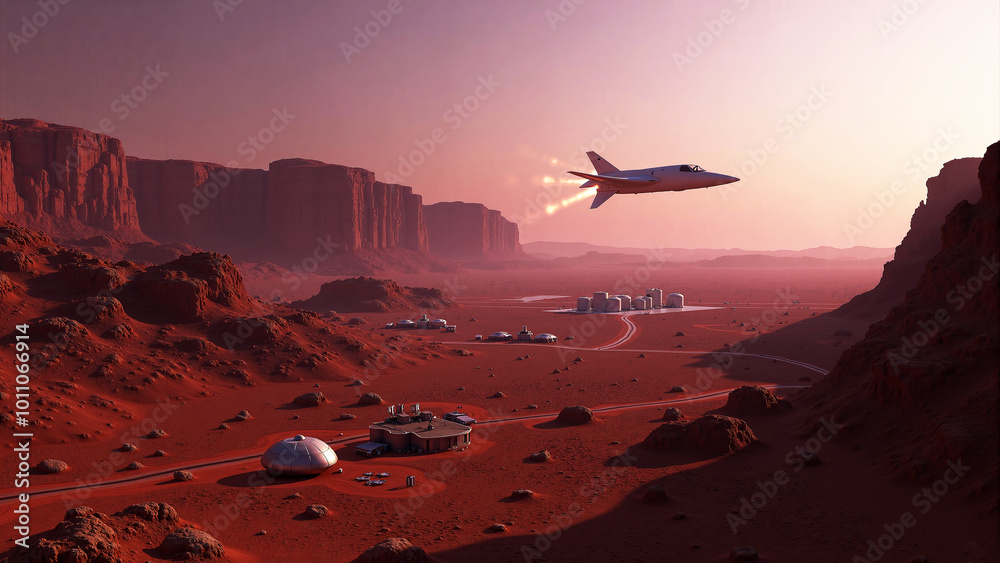 Futuristic landscape, red desert, sci-fi base, large spaceships, space ...