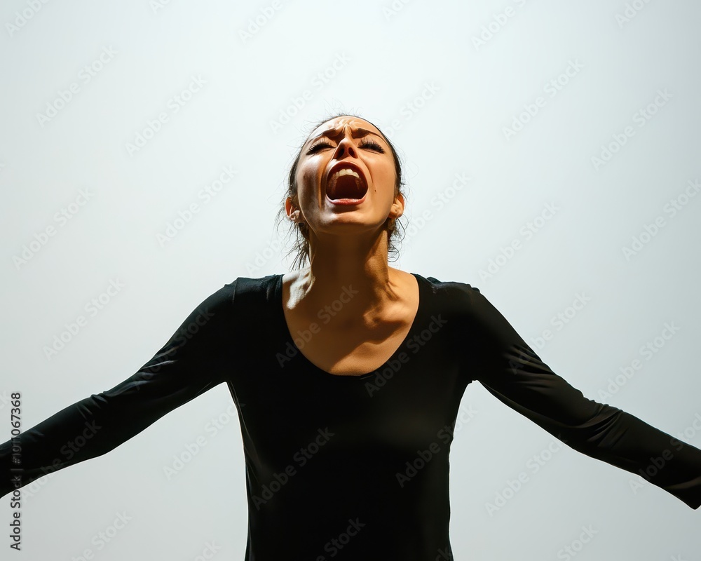 Woman acting out a dramatic scene, her face expressing intense emotion ...