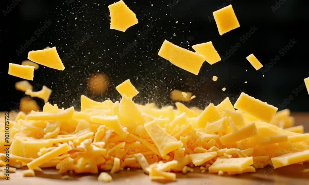 A pile of shredded cheese with particles floating above, creating a ...
