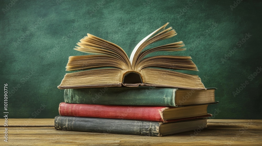 A single open book sits on top of a stack of closed books, with a green ...
