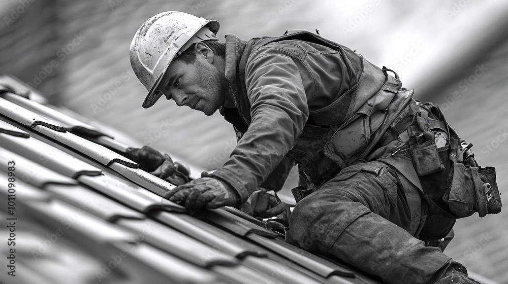 roofing construction worker working at height on a roof project ...