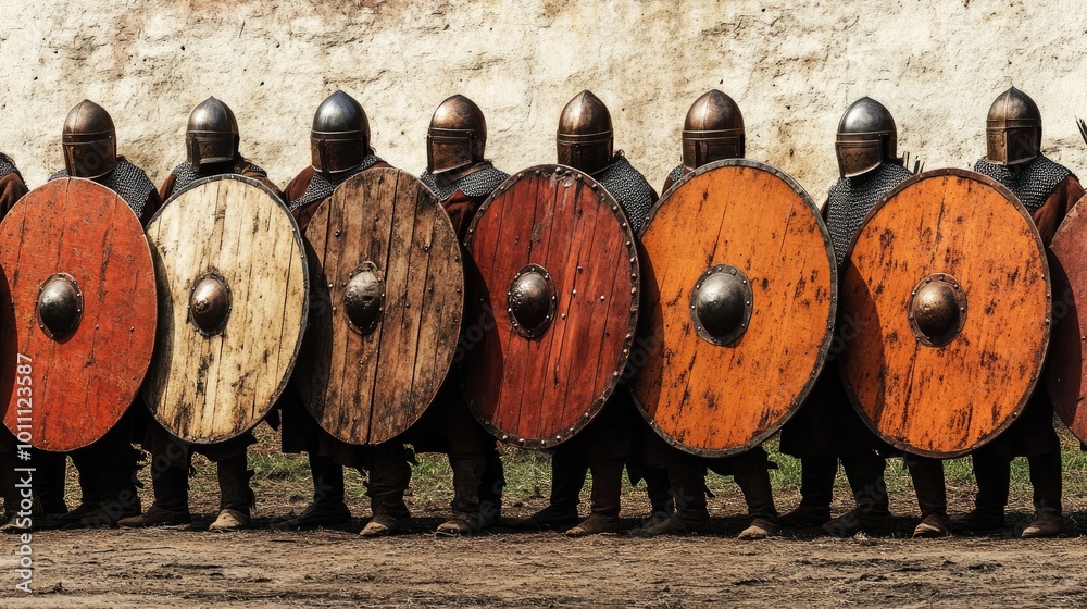 Medieval Warriors in Armor with Shields Lined Up Against a Stone Wall ...