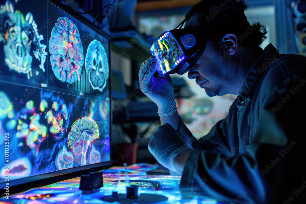 A scientist reviewing data on dream patterns, with holographic ...