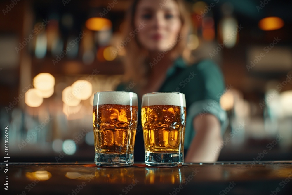 Two pints of beer carried by a Beautiful waitress in a diner restaurant ...