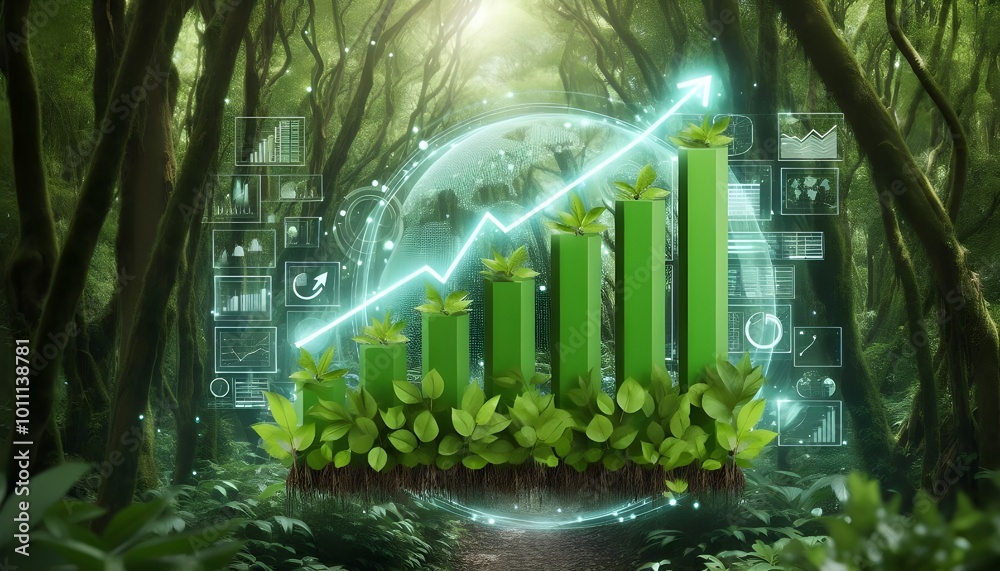 Green bar graph amidst lush foliage symbolizes eco-friendly growth and ...