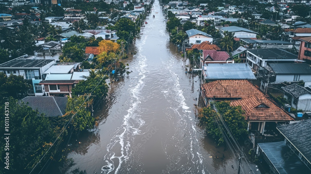 Aerial View of a Flooded City Extensive Damage with Homes and Streets ...