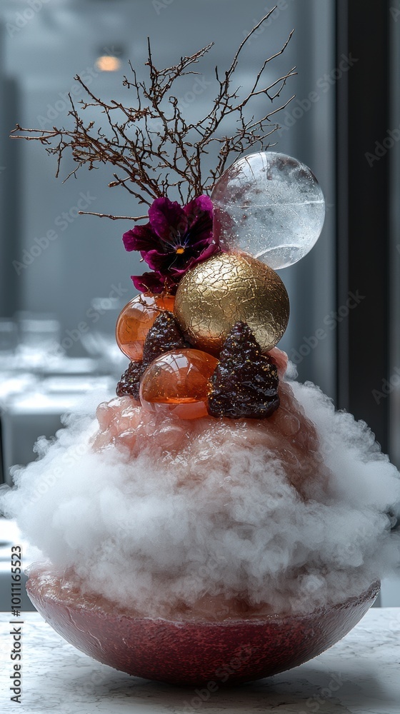 Exquisite dessert presentation with colorful toppings and dry ice ...