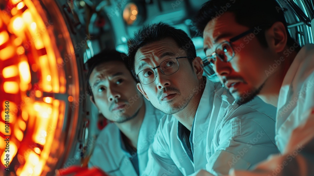 Three Asian male scientists observe a glowing circular device intently ...