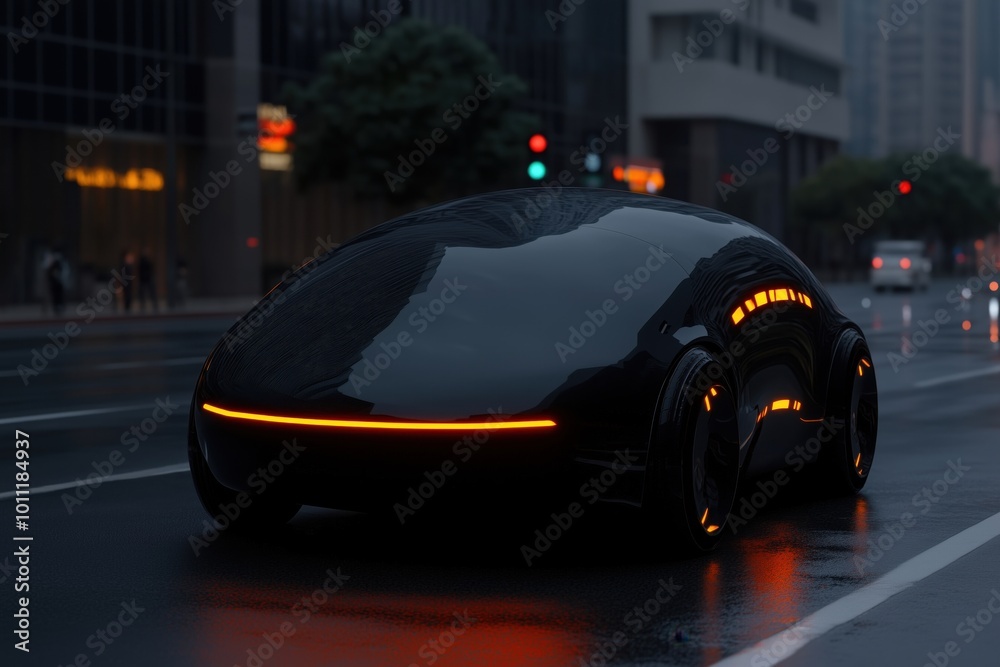 Black self driving car cruises through a city at night, reflecting city ...
