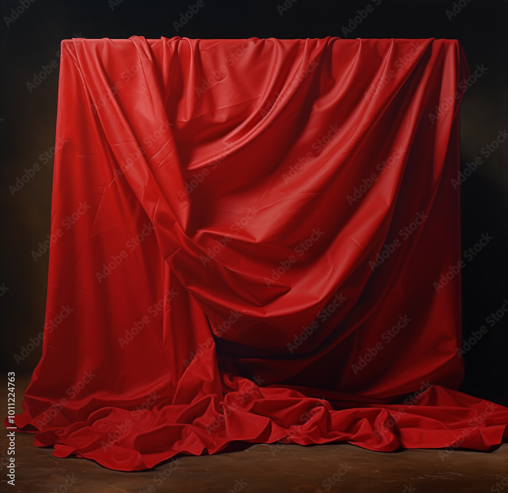 Red curtain draped over a mysterious box. A luxurious red silk curtain ...