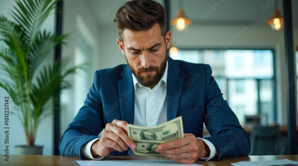 Businessman in office counting cash earnings, financial planning ...