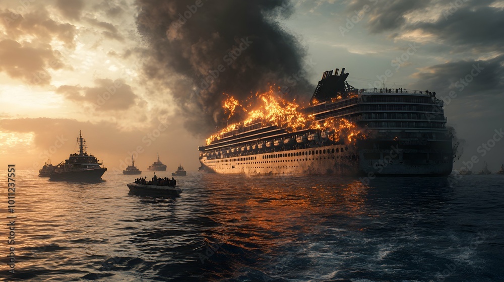 Burning Cruise Ship Drifts Helplessly at Sea with Smoke and Rescue ...