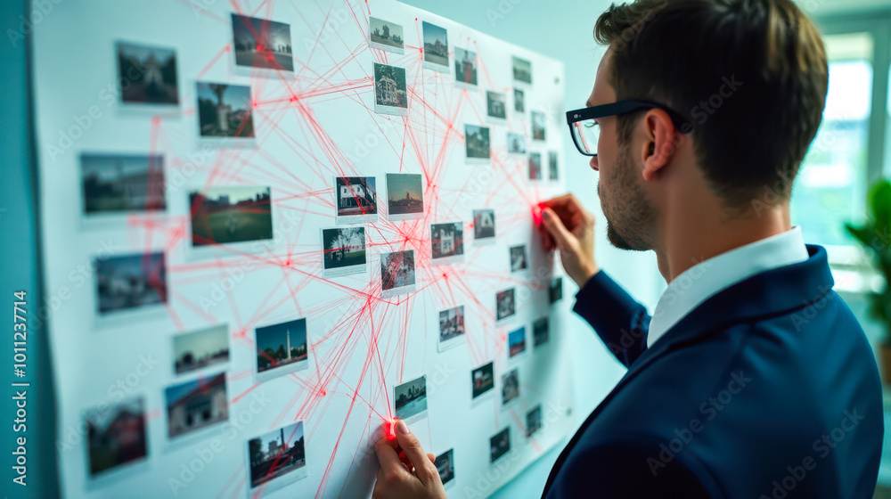 Detective analyzing crime evidence on board with red strings ...