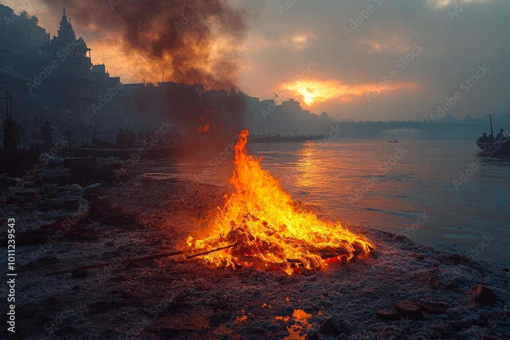 Traditional Hindu Funeral Pyre on the Banks of River Ganges at Varanasi ...