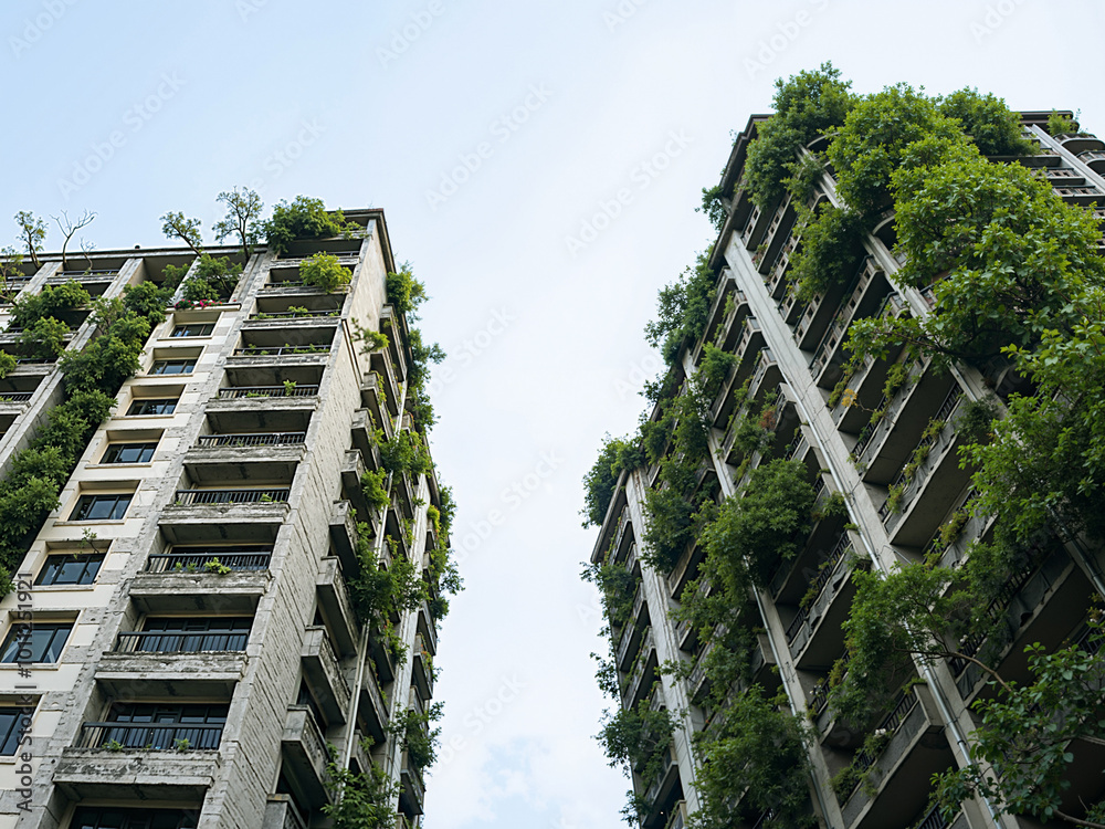 High rise buildings in the brutalism style with intensive green on the ...