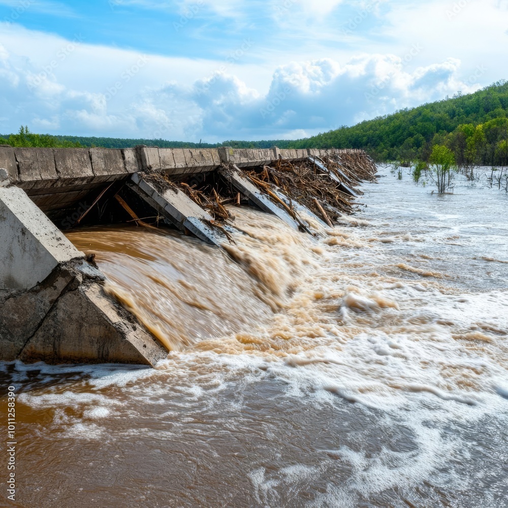 Broken dam releasing a torrent of water, illustrating infrastructure ...