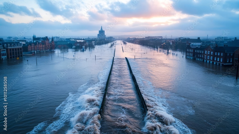 Broken flood defenses releasing water into a city, symbolizing ...