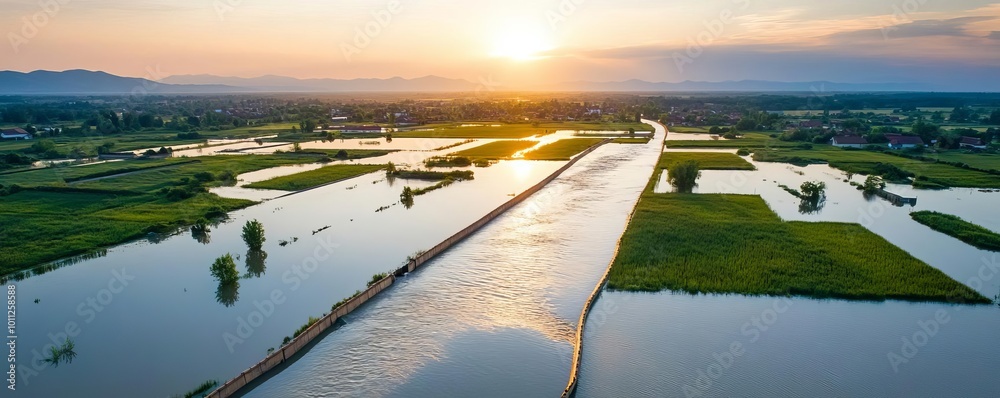 Broken levees pouring water into towns, representing the infrastructure ...