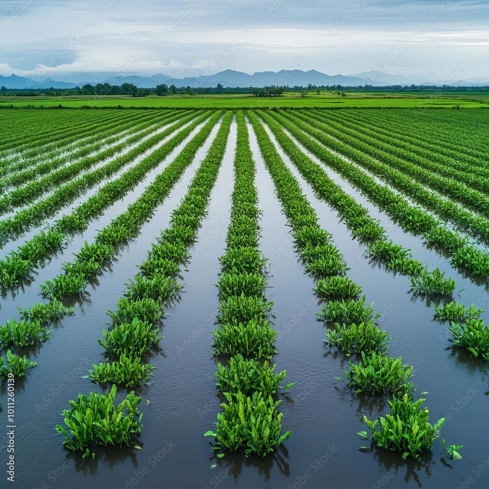Crops submerged in flooded fields, representing agricultural loss due ...