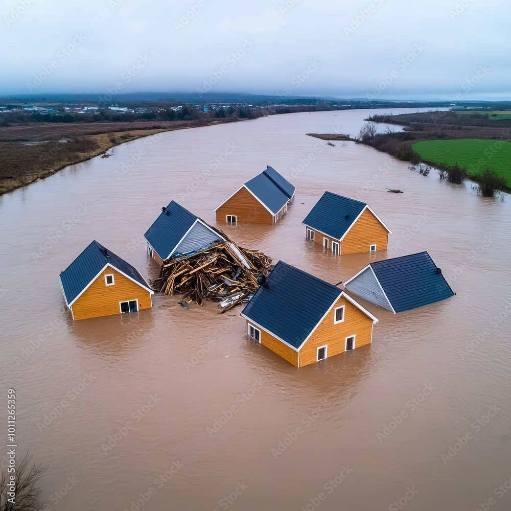 Homes collapsing into a flooded river, symbolizing the relentless power ...