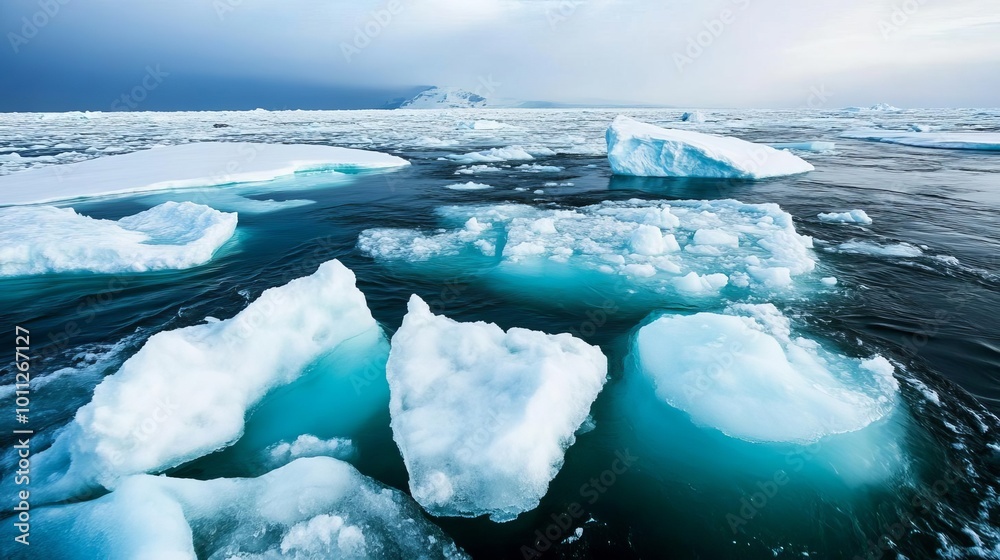 Polar ice caps melting, forming massive floods, dramatic close-up of ...