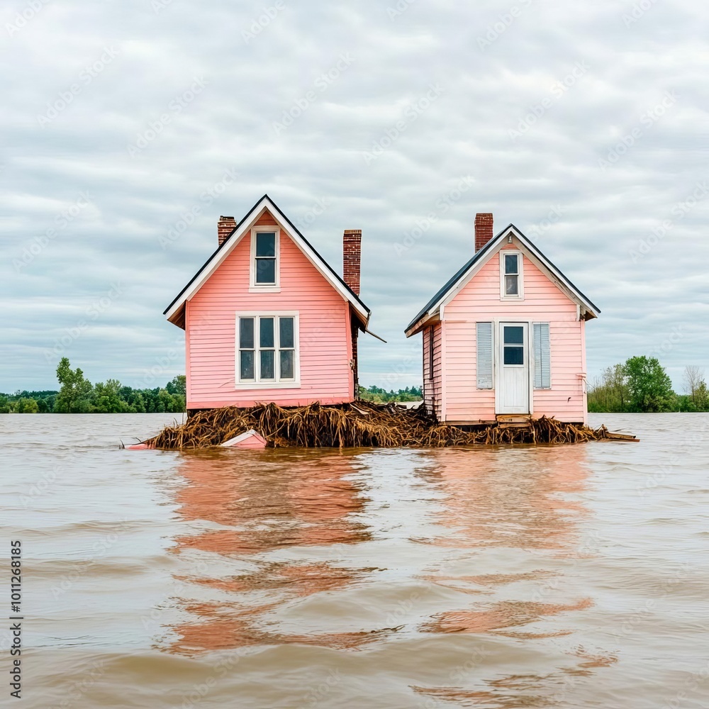 Riverbank erosion collapsing houses into rising water, showing the ...