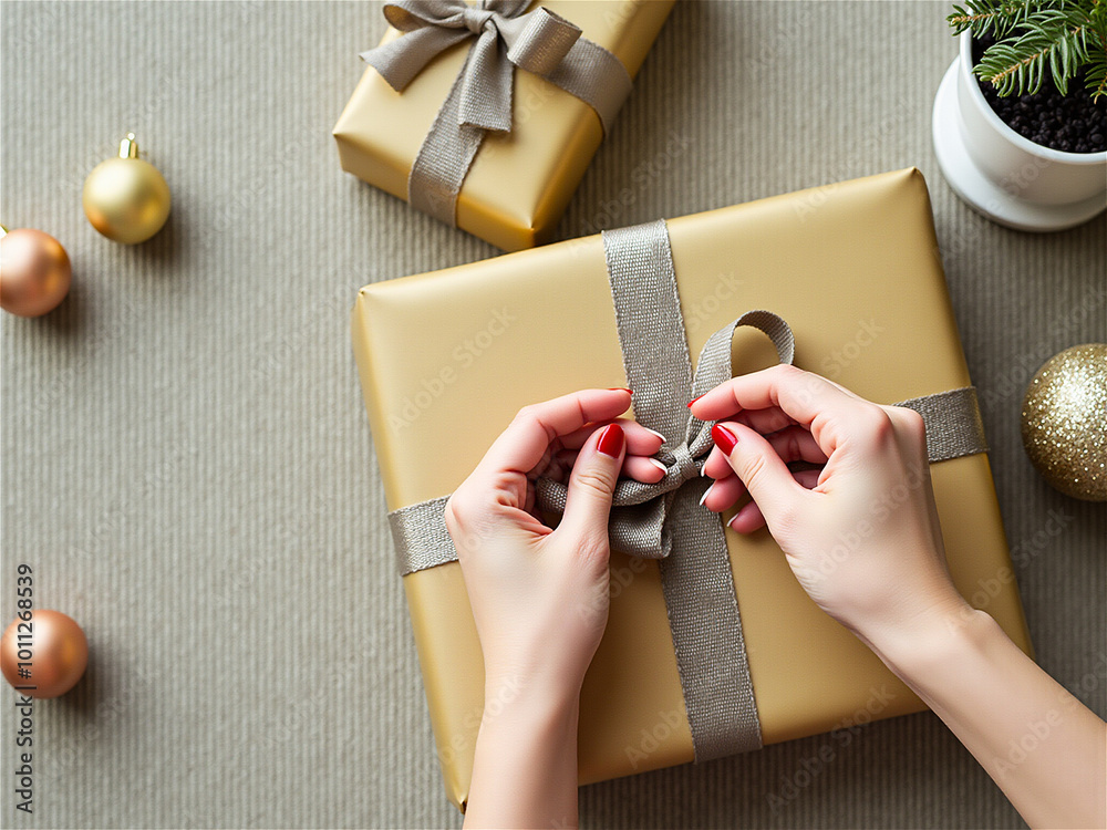 Preparing christmas presents. Two female hands shot from above doing ...