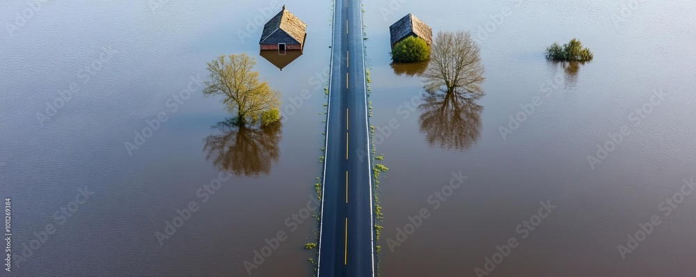 Submerged rural roads and isolated farmhouses barely visible above ...