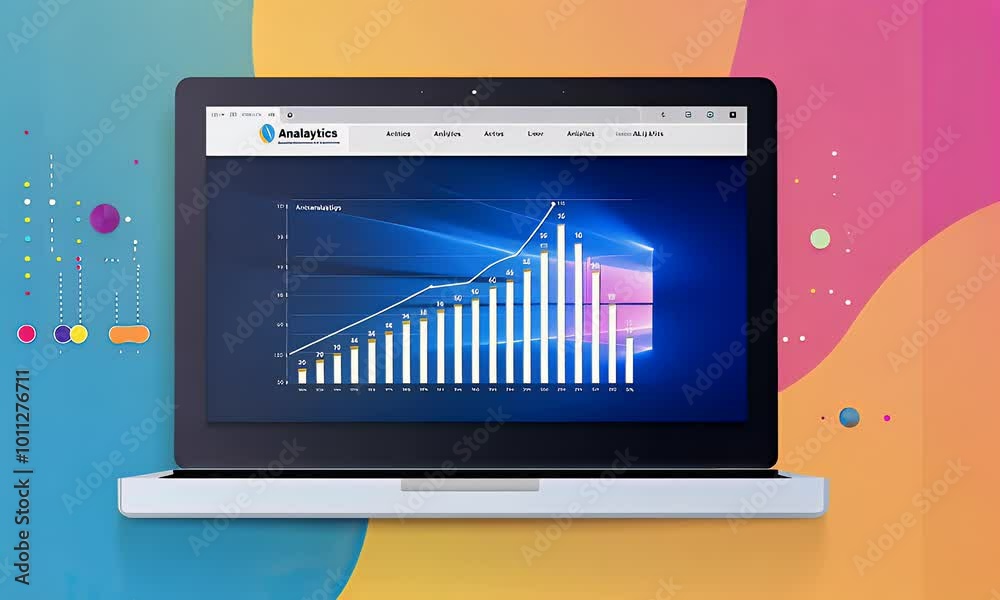 A laptop displaying a colorful data visualization dashboard with graphs ...