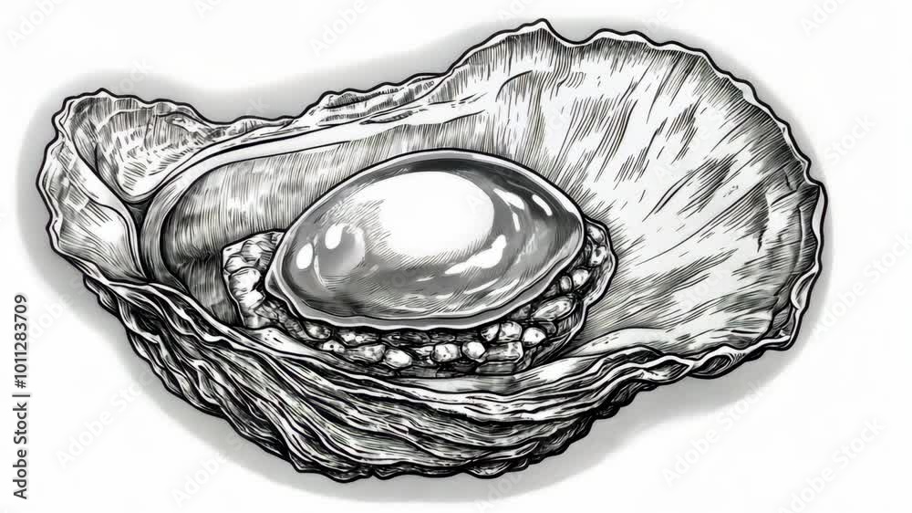A detailed drawing of a large abalone shell with a single pearl inside ...