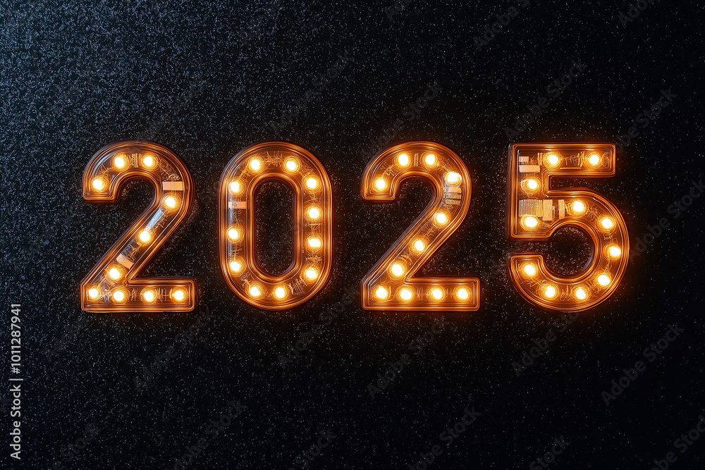 celebrate 2025 with glowing marquee light bulbs on black background ...
