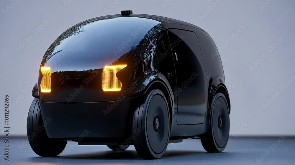 Futuristic black autonomous electric vehicle is turning its headlights ...