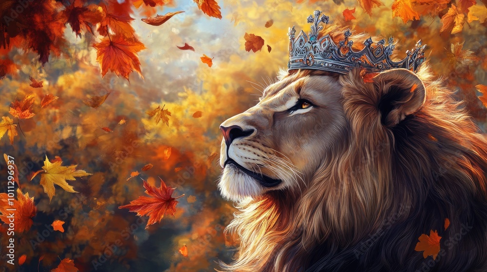 Head profile of a lion wearing a royal crown, with autumn leaves in the ...