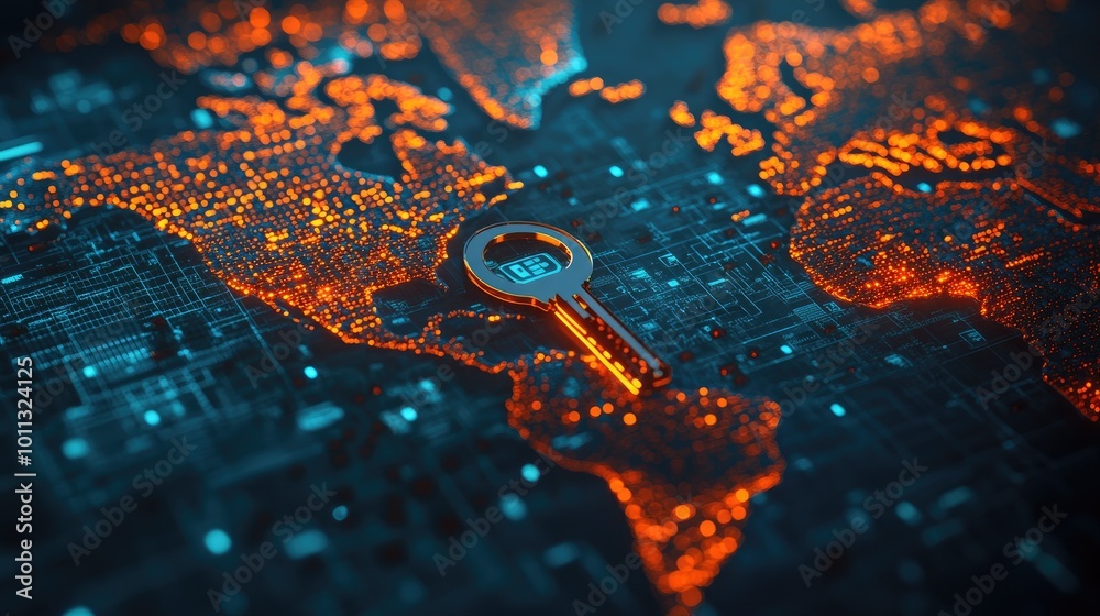 A close-up of a 3D-rendered digital key hovering over a glowing map of ...