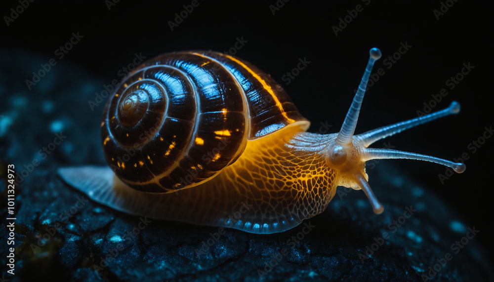 the patterns on a snail's body in macro, showcasing its moist texturea ...