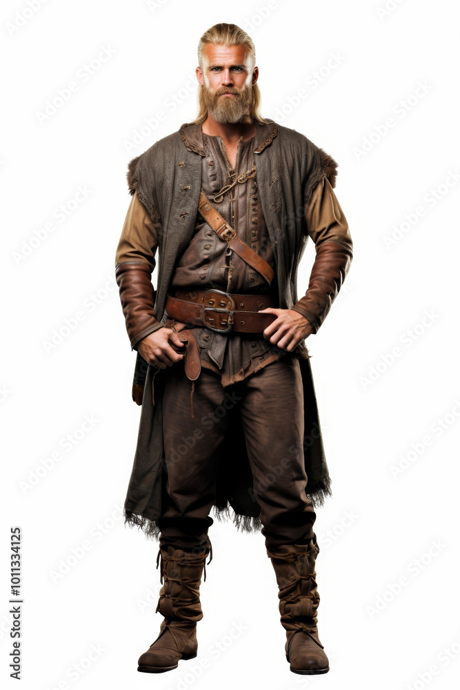 Full body shot of friendly male Viking in traditional attire standing ...