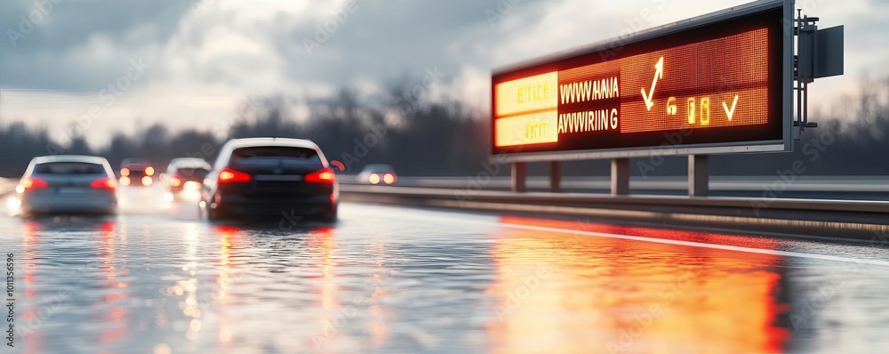 A digital flood warning system on a highway billboard, cars reversing ...