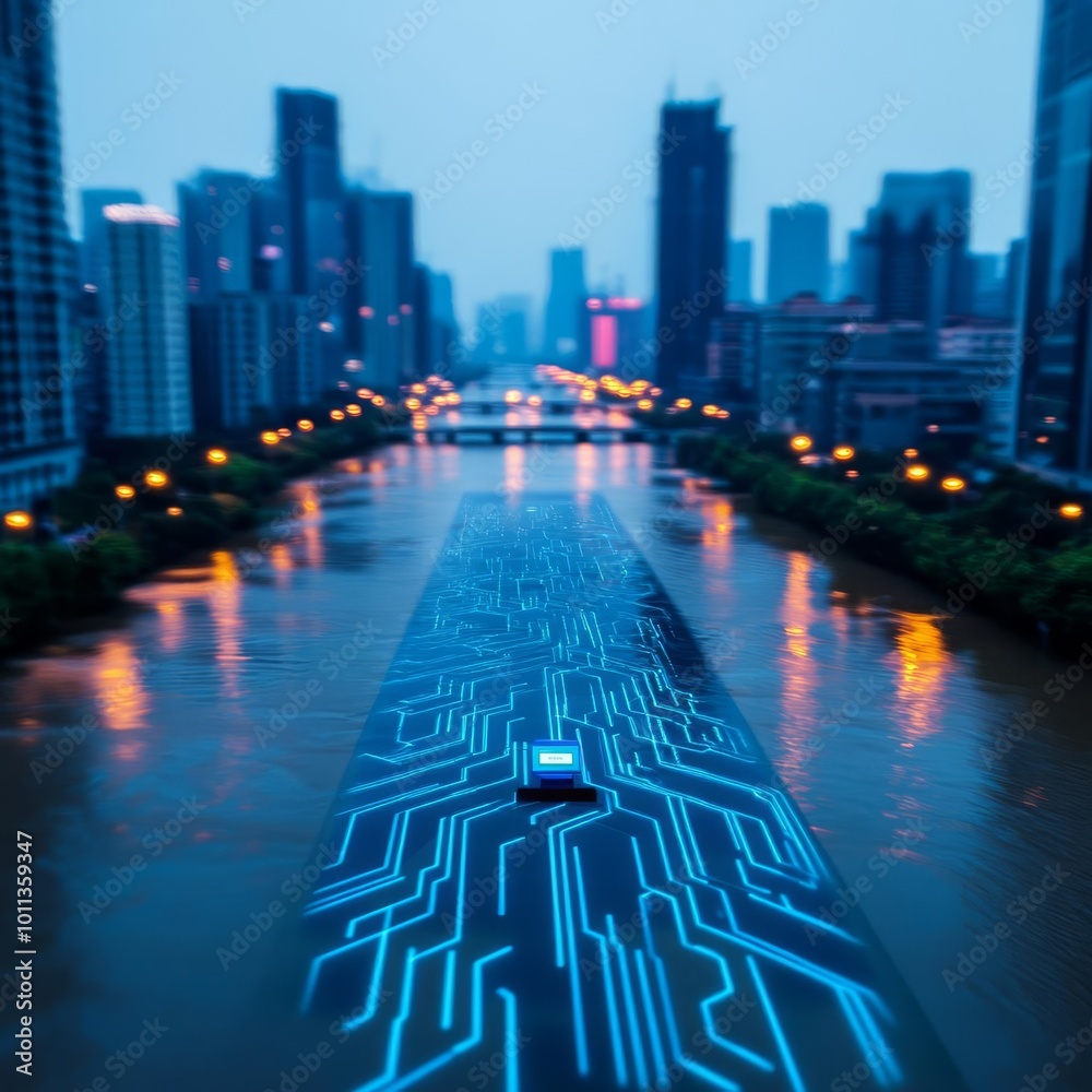 A high-tech flood warning system showing real-time danger zones in a ...