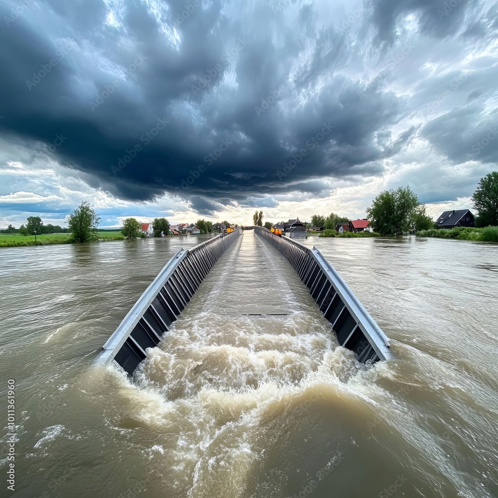 An emergency flood barrier being raised to protect a town, water levels ...