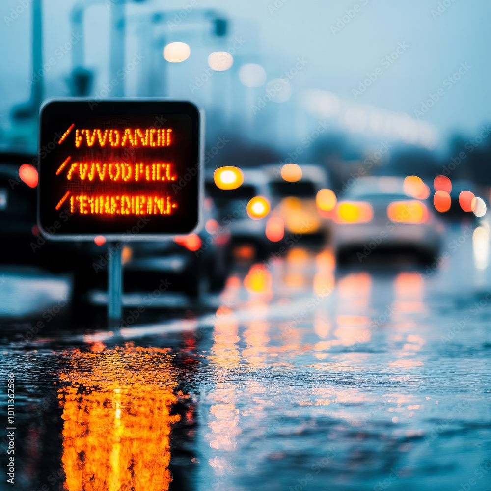 Cars stuck in traffic as a flood warning lights up digital road signs ...