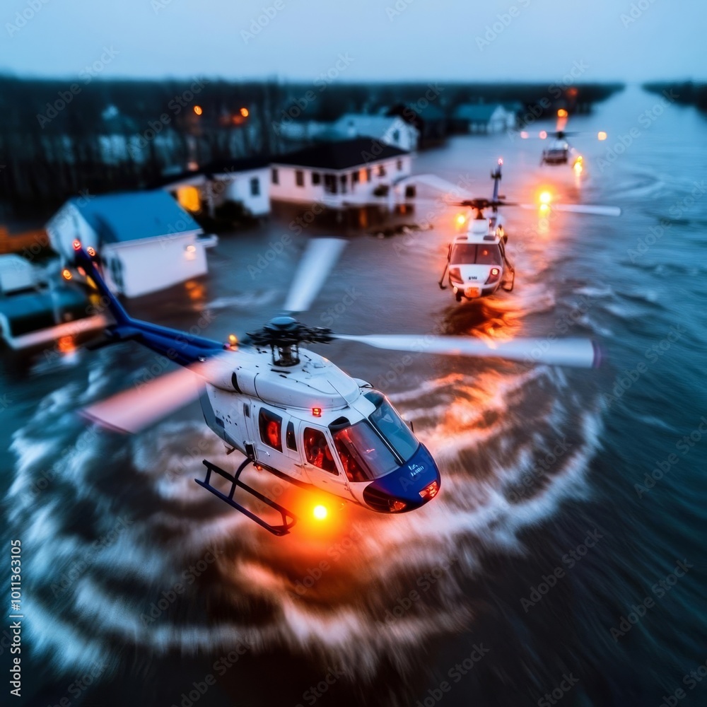 Coast Guard helicopters rescuing people from rooftops, floodwaters swirling below, emergency ...