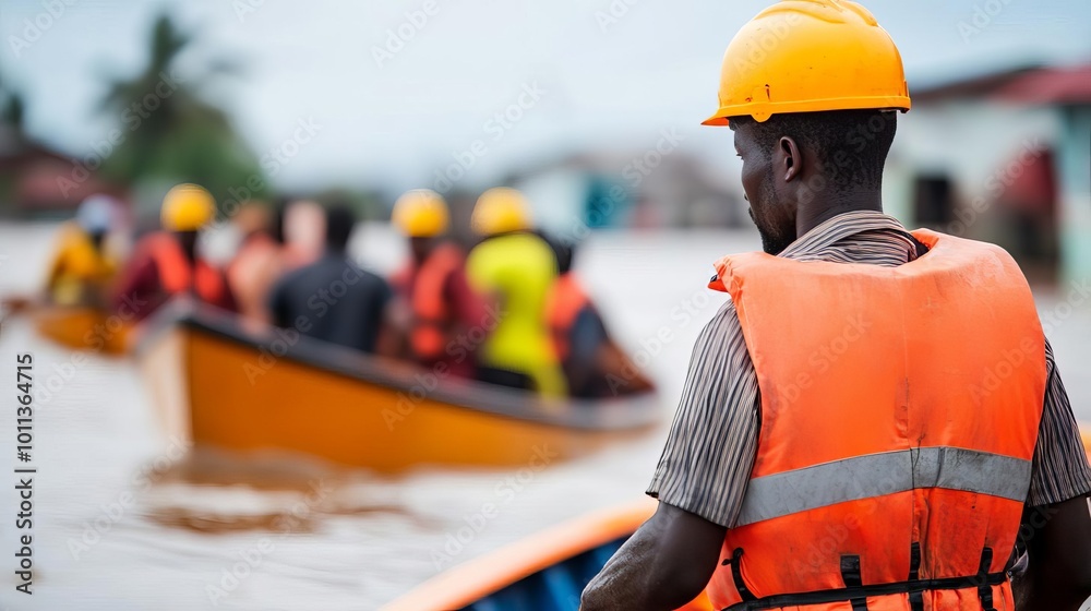 Emergency workers guiding people to boats during a flood evacuation ...