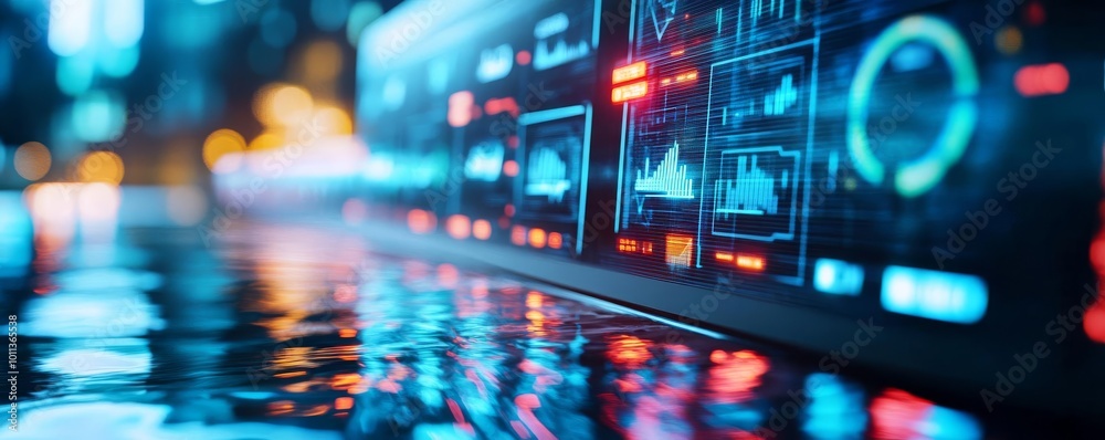 High-tech flood warning system in a smart city, with digital interfaces ...