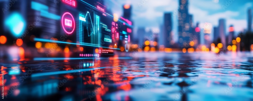 High-tech flood warning system in a smart city, with digital interfaces ...