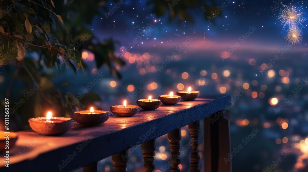 Decorative earthen diyas lining the balcony railing of a traditional ...