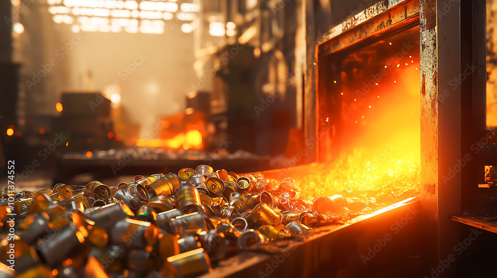 Metal cans being melted down for recycling in a production facility ...