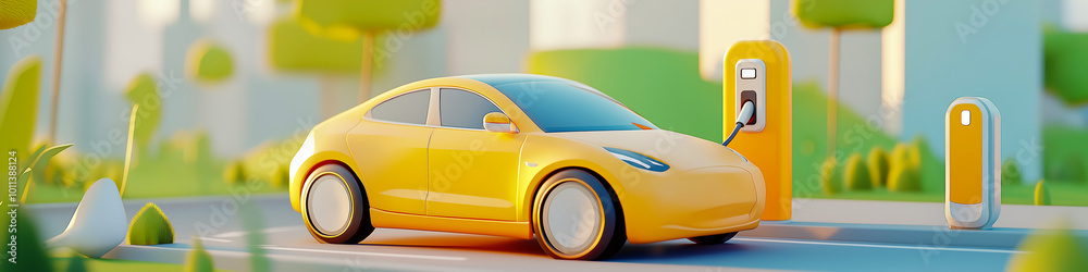 3D cartoon illustration of a charging EV car. Electric vehicle concept ...