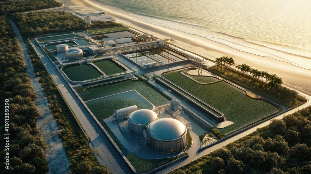 An algae-based fuel production facility by the coast, with large algae ...